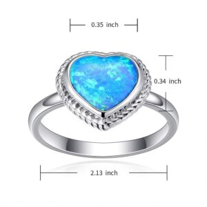 FANCIME Valentines Day Ring Gifts Sterling Silver Created Blue Opal Ring Heart Women Rings Dainty Engagement Ring for Women Size 7