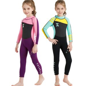 NATYFLY Kids Wetsuit, 2.5mm Neoprene Thermal Swimsuit, Full Wetsuit for Girls Boys and Toddler, Long Sleeve Kids Wet Suits for Swimming (New Pink-Girls Wetsuit-2.5mm, 6)