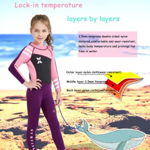 NATYFLY Kids Wetsuit, 2.5mm Neoprene Thermal Swimsuit, Full Wetsuit for Girls Boys and Toddler, Long Sleeve Kids Wet Suits for Swimming (New Pink-Girls Wetsuit-2.5mm, 6)