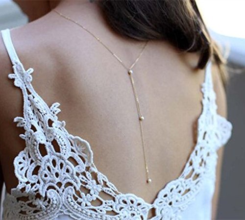 Olbye Back Necklace Pearl Backdrop Necklaces Body Chain Jewelry for Women Bridal Jewelry (Silver)