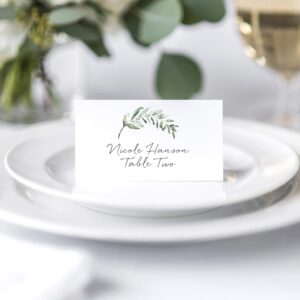 Bliss Collections Greenery Place Cards for Wedding or Party, Seating Place Cards for Tables, Scored for Easy Folding, 50 Pack, 2 x 3.5 Inches