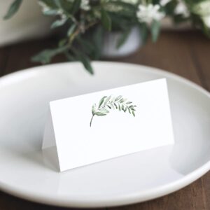 Bliss Collections Greenery Place Cards for Wedding or Party, Seating Place Cards for Tables, Scored for Easy Folding, 50 Pack, 2 x 3.5 Inches