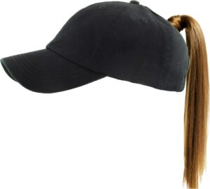 pony-classic blk classic plain ponytail messy high bun headwear adjustable cotton trucker mesh glitter hat baseball cap (adjustable, black classic)