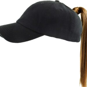 PONY-CLASSIC BLK Classic Plain Ponytail Messy High Bun Headwear Adjustable Cotton Trucker Mesh Glitter Hat Baseball Cap (Adjustable, Black Classic)