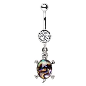 pierced owl teal abalone inlay turtle dangle navel belly button ring in 316l stainless steel