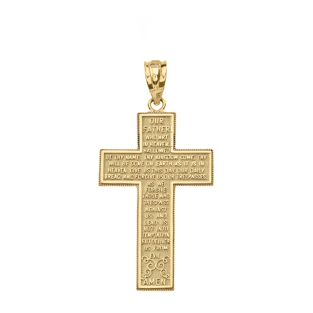 Solid 14k Yellow Gold Our Father Lord's Prayer Cross Pendant