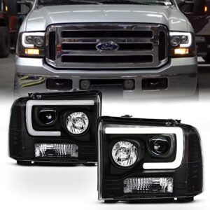 acanii - for 2005-2007 ford f250 f350 f450 superduty black led tube projector headlights headlamps pair set left+right