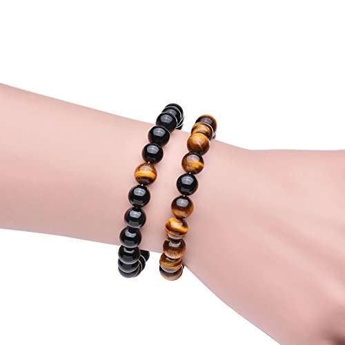 Wanmei 8mm Black Matte Agate & Tiger Eye Healing Energy Stone Beads Distance Bracelets For Couples(2 pcs)