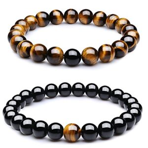 wanmei 8mm black matte agate & tiger eye healing energy stone beads distance bracelets for couples(2 pcs)