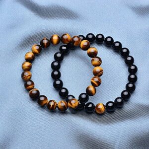 Wanmei 8mm Black Matte Agate & Tiger Eye Healing Energy Stone Beads Distance Bracelets For Couples(2 pcs)