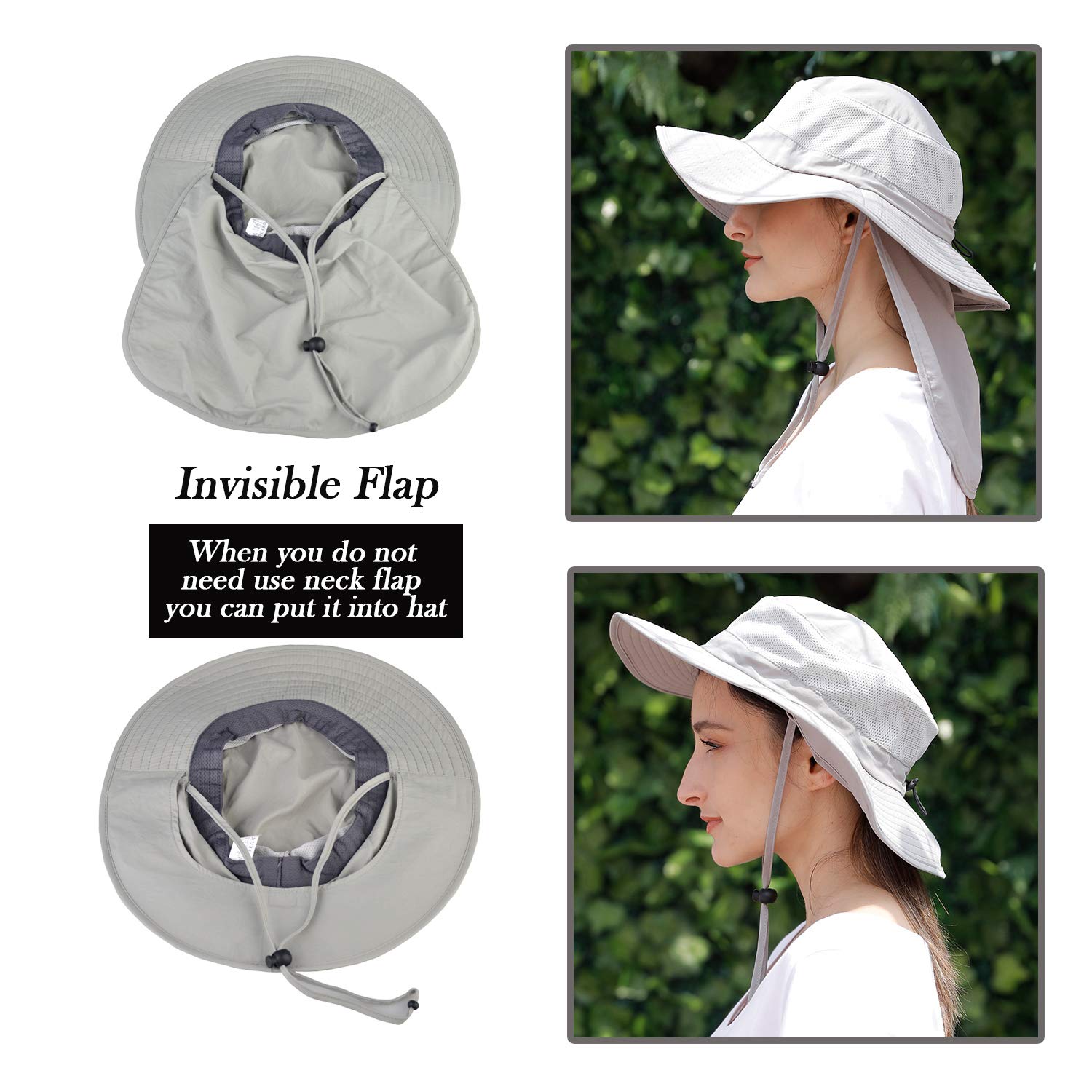 JORMATT Outdoor Fishing Sun Hat UV Protection Wide Brim Sun Hat with Flap Neck Cover Breathable Safari Cap Unisex UPF 50+, Light Gray