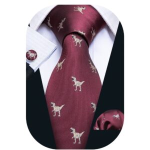 Burgundy Tie Set Silk Tie Pocket Square Cufflinks Dinosaur Pattern