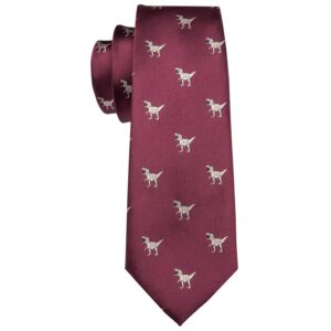 Burgundy Tie Set Silk Tie Pocket Square Cufflinks Dinosaur Pattern