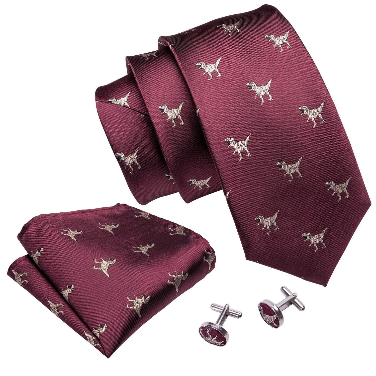 Burgundy Tie Set Silk Tie Pocket Square Cufflinks Dinosaur Pattern