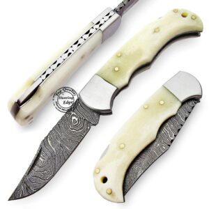 hunting edge camel bone 6.5'' 100% handmade damascus steel folding pocket knife 100% prime quality