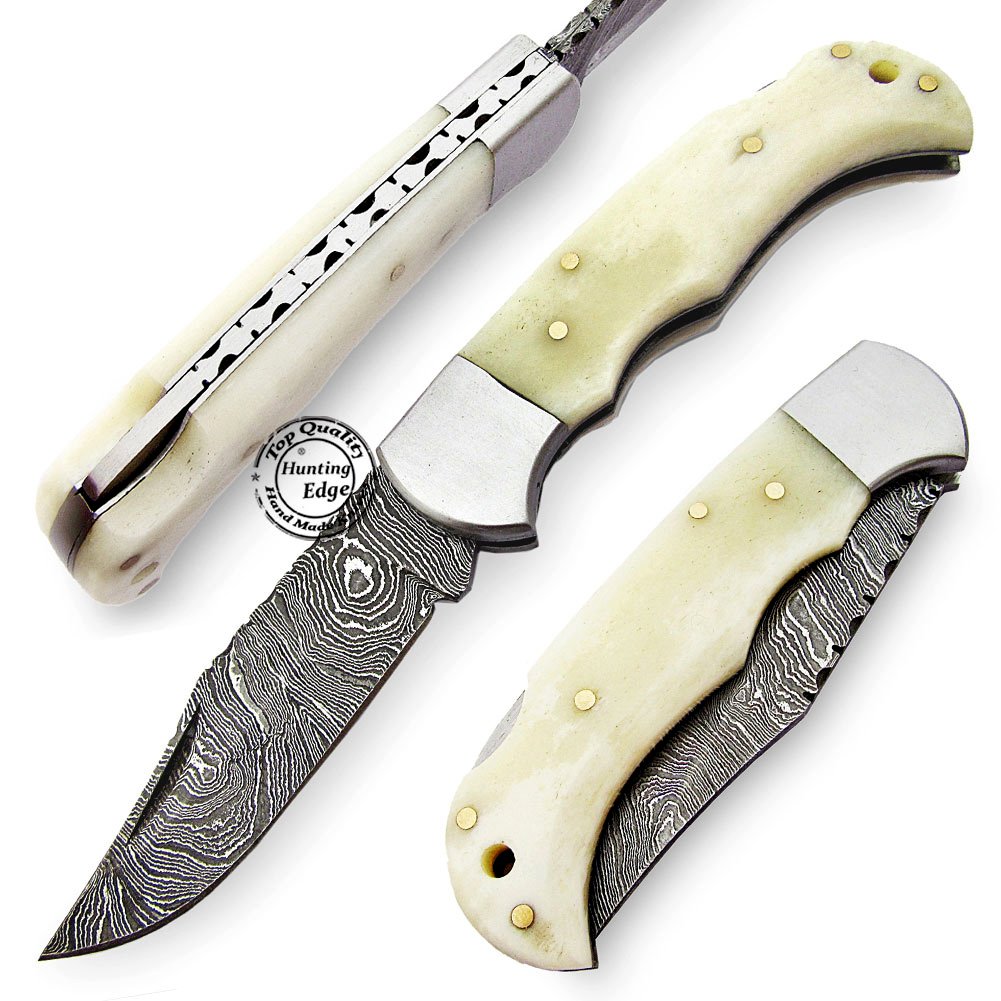 Hunting Edge Camel Bone 6.5'' 100% Handmade Damascus Steel Folding Pocket Knife 100% Prime Quality