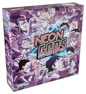 neon gods board game - join a dystopian street gang! cyberpunk sci-fi adventure game, strategy game for kids & adults, ages 14+, 2-4 players, 30-120 min playtime, made by plaid hat games