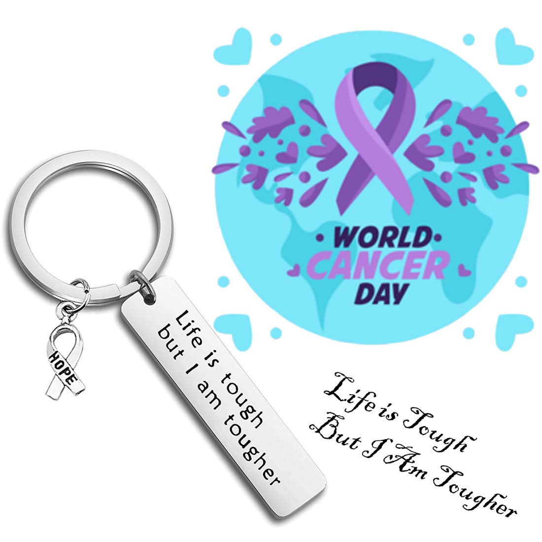 Cancer Awareness Keychain Life is Tough But I Am Tougher Keychain Survivor Jewelry Recovery Jewelry Cancer Awareness Gifts (silver)