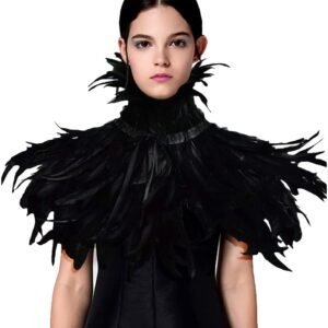 L'VOW Black Feather Shrug Cape Raven Crow Shawl Collar Maleficent Halloween Black Swan Costumes for Women(Black003)