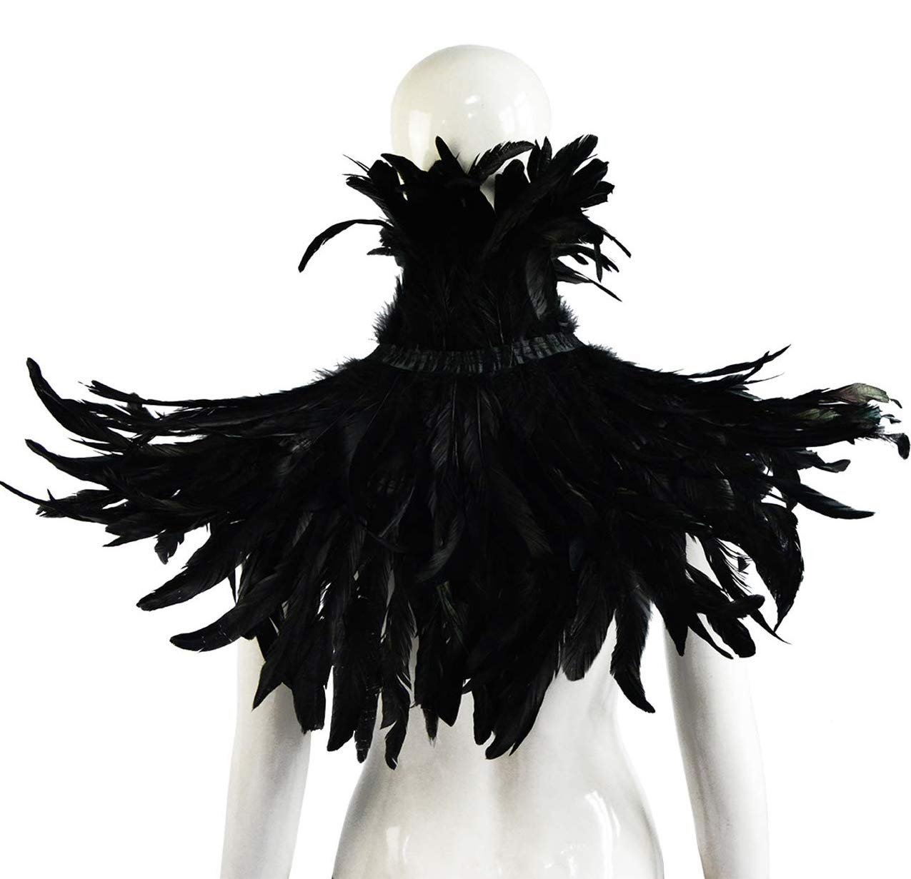 L'VOW Black Feather Shrug Cape Raven Crow Shawl Collar Maleficent Halloween Black Swan Costumes for Women(Black003)