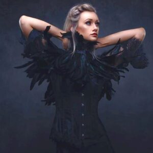 L'VOW Black Feather Shrug Cape Raven Crow Shawl Collar Maleficent Halloween Black Swan Costumes for Women(Black003)