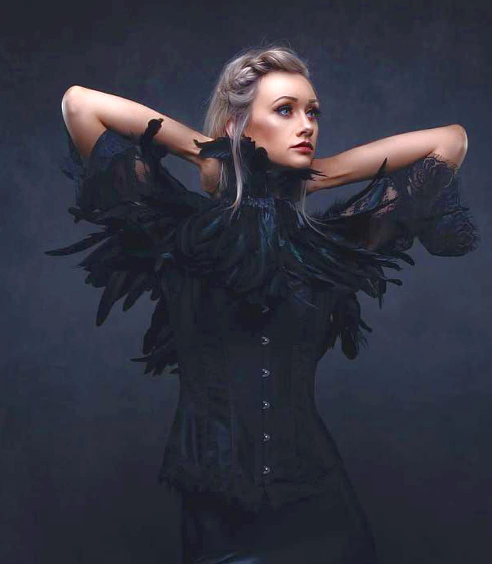 L'VOW Black Feather Shrug Cape Raven Crow Shawl Collar Maleficent Halloween Black Swan Costumes for Women(Black003)