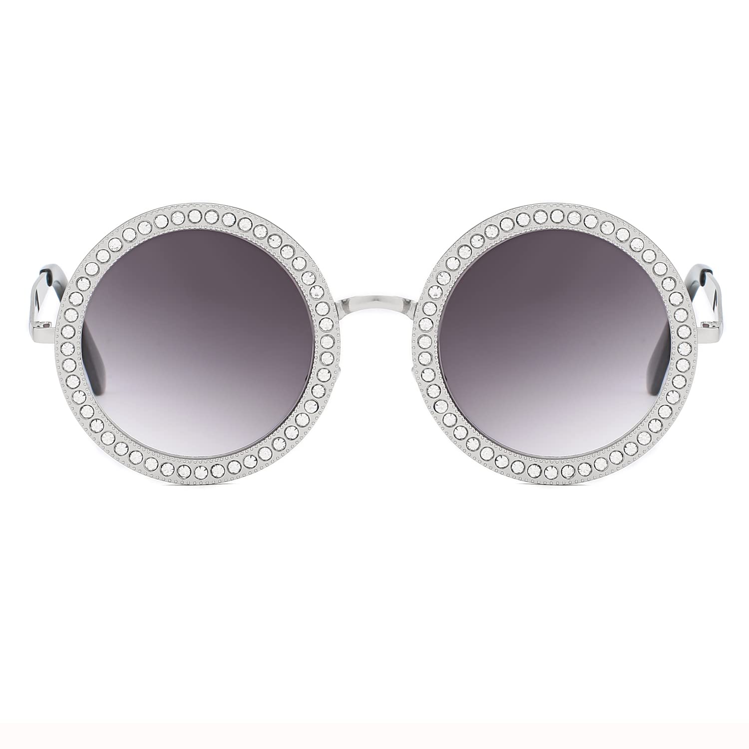 ADE WU Rhinestone Sunglasses Round Oversized Gem Shinning Sunnies for Feastival Party Favor (Silver/White)