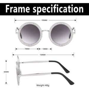 ADE WU Rhinestone Sunglasses Round Oversized Gem Shinning Sunnies for Feastival Party Favor (Silver/White)