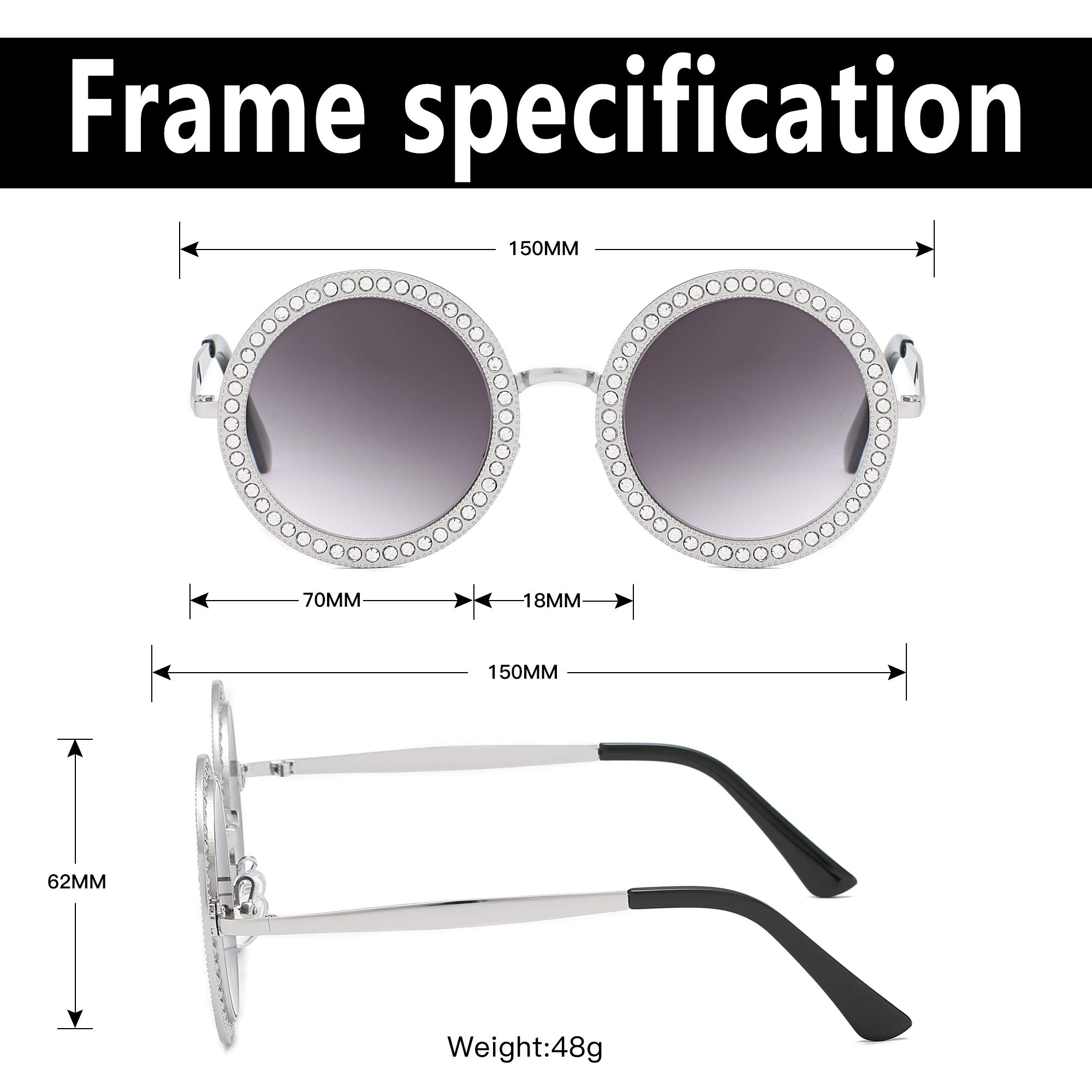 ADE WU Rhinestone Sunglasses Round Oversized Gem Shinning Sunnies for Feastival Party Favor (Silver/White)