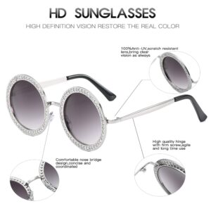 ADE WU Rhinestone Sunglasses Round Oversized Gem Shinning Sunnies for Feastival Party Favor (Silver/White)