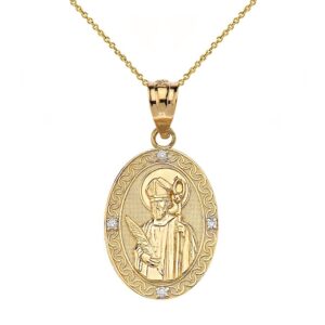 solid 14k gold saint valentine of rome diamond oval medal pendant necklace (1"), 18"