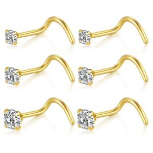 briana williams 6pcs 20g gold nose screw studs surgical steel nose rings piercing 1.5mm 2mm 2.5mm cz inlaid