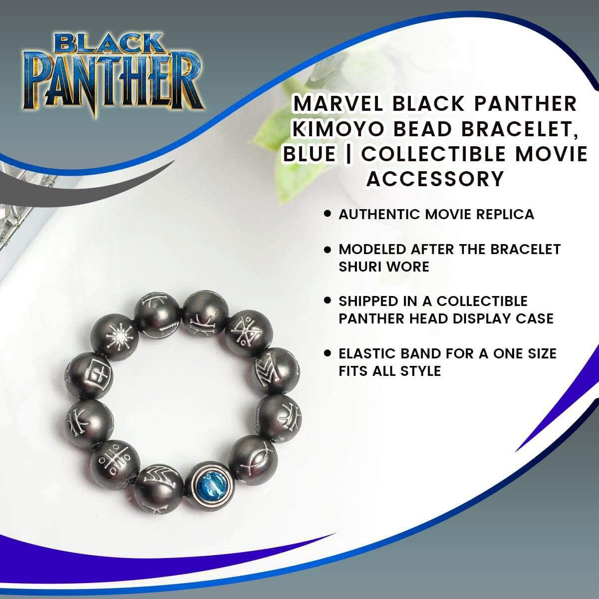 Black Panther Kimoyo Blue Bead Bracelet | Premium Movie Prop Replica | Officially Licensed Marvel Merchandise | Superhero Collectible Accessory Perfect For Collecting, Halloween Costumes, Cosplay