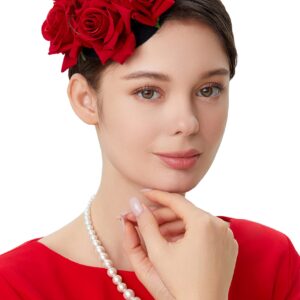 BABEYOND Floral Fascinators for Women Feather Fascinators Headband for Cocktail Tea Party (red)