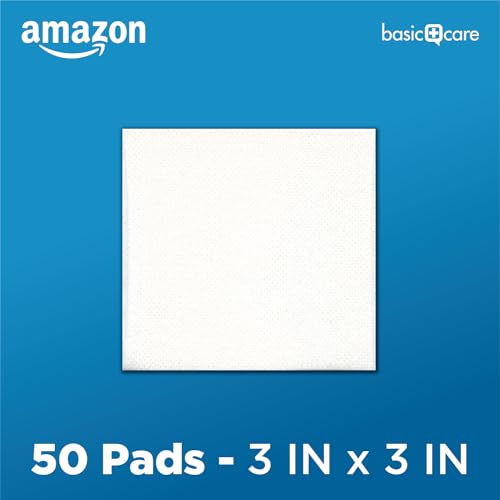 Amazon Basic Care Gauze Pads, 3x3 inches Sterile Medical Wound Dressing Sponges for Cleaning, Covering, & Cushioning Cuts & Minor Injuries, 50 Count (Pack of 1), (Previously All Health)