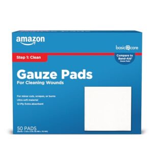 amazon basic care gauze pads, 3x3 inches sterile medical wound dressing sponges for cleaning, covering, & cushioning cuts & minor injuries, 50 count (pack of 1), (previously all health)