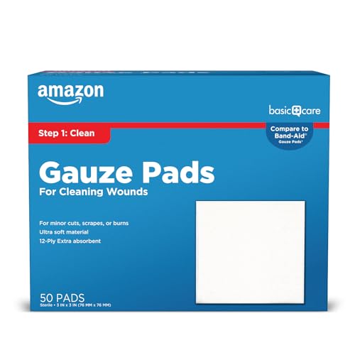 Amazon Basic Care Gauze Pads, 3x3 inches Sterile Medical Wound Dressing Sponges for Cleaning, Covering, & Cushioning Cuts & Minor Injuries, 50 Count (Pack of 1), (Previously All Health)