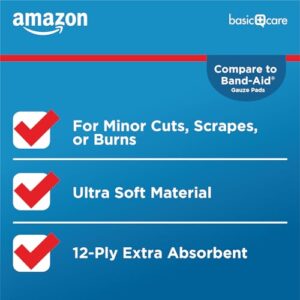 Amazon Basic Care Gauze Pads, 3x3 inches Sterile Medical Wound Dressing Sponges for Cleaning, Covering, & Cushioning Cuts & Minor Injuries, 50 Count (Pack of 1), (Previously All Health)