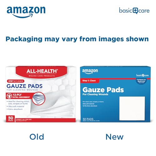 Amazon Basic Care Gauze Pads, 3x3 inches Sterile Medical Wound Dressing Sponges for Cleaning, Covering, & Cushioning Cuts & Minor Injuries, 50 Count (Pack of 1), (Previously All Health)