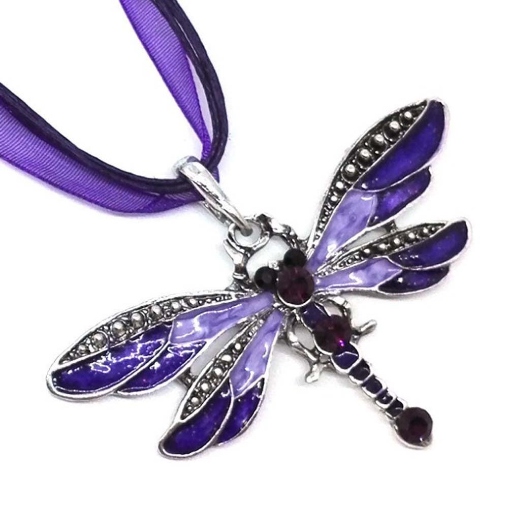 Tvoip Fashion Creative Bohemian Jewelry Ethnic Multi-layer Chain Colorful Enamel Dragonfly Pendant Necklace (Purple)