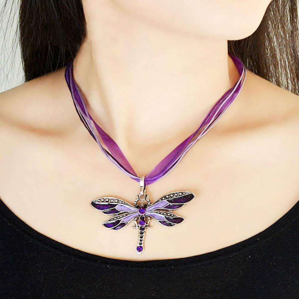 Tvoip Fashion Creative Bohemian Jewelry Ethnic Multi-layer Chain Colorful Enamel Dragonfly Pendant Necklace (Purple)