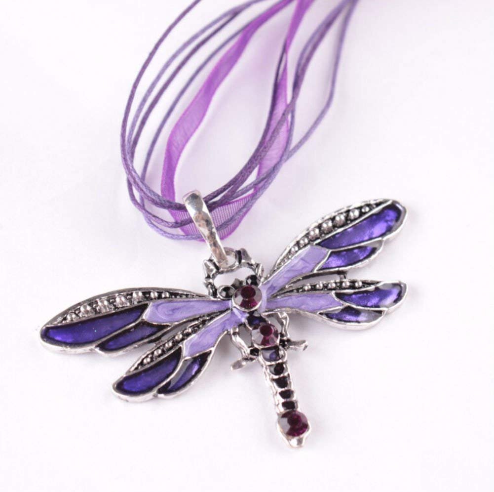 Tvoip Fashion Creative Bohemian Jewelry Ethnic Multi-layer Chain Colorful Enamel Dragonfly Pendant Necklace (Purple)