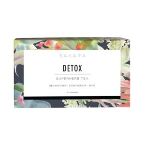 sakara detox tea, 20 bags - herbal tea with rose petals, lemon peel, lemongrass, orange peel, & rooibos, organic tea bags for digestive health, caffeine free tea, digestive tea