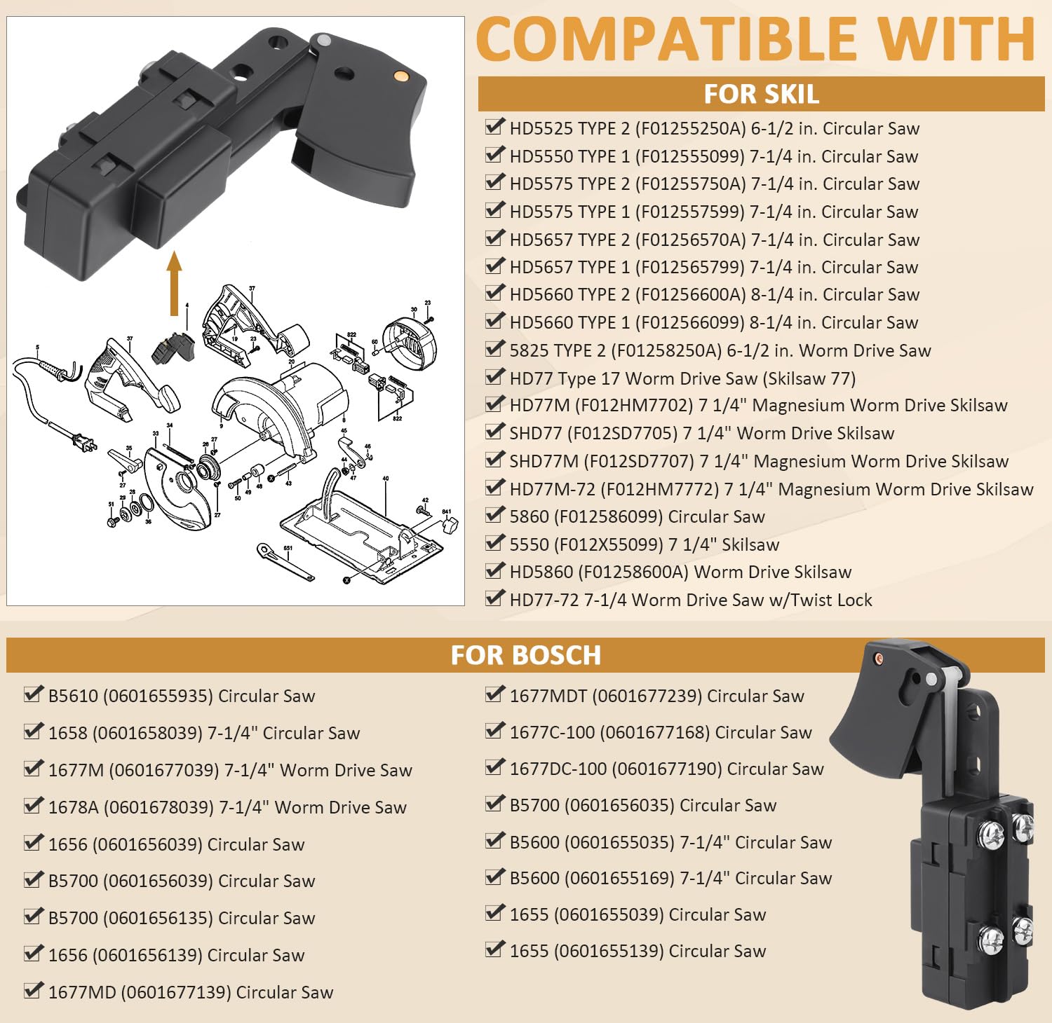 EAGLEGGO SW77 Trigger Switch Replacement Part for Replaces Skil Bosch Circular Saw 2610321608 HD77 or HD77M, Ryobi & Ridgid 760245002 Electric Saw Switch