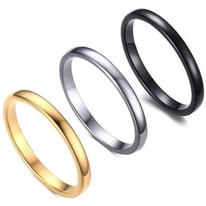 jude jewelers 3 pack, 2mm thin stainless steel stackable wedding band enhancer ring (silver gold black, 3)