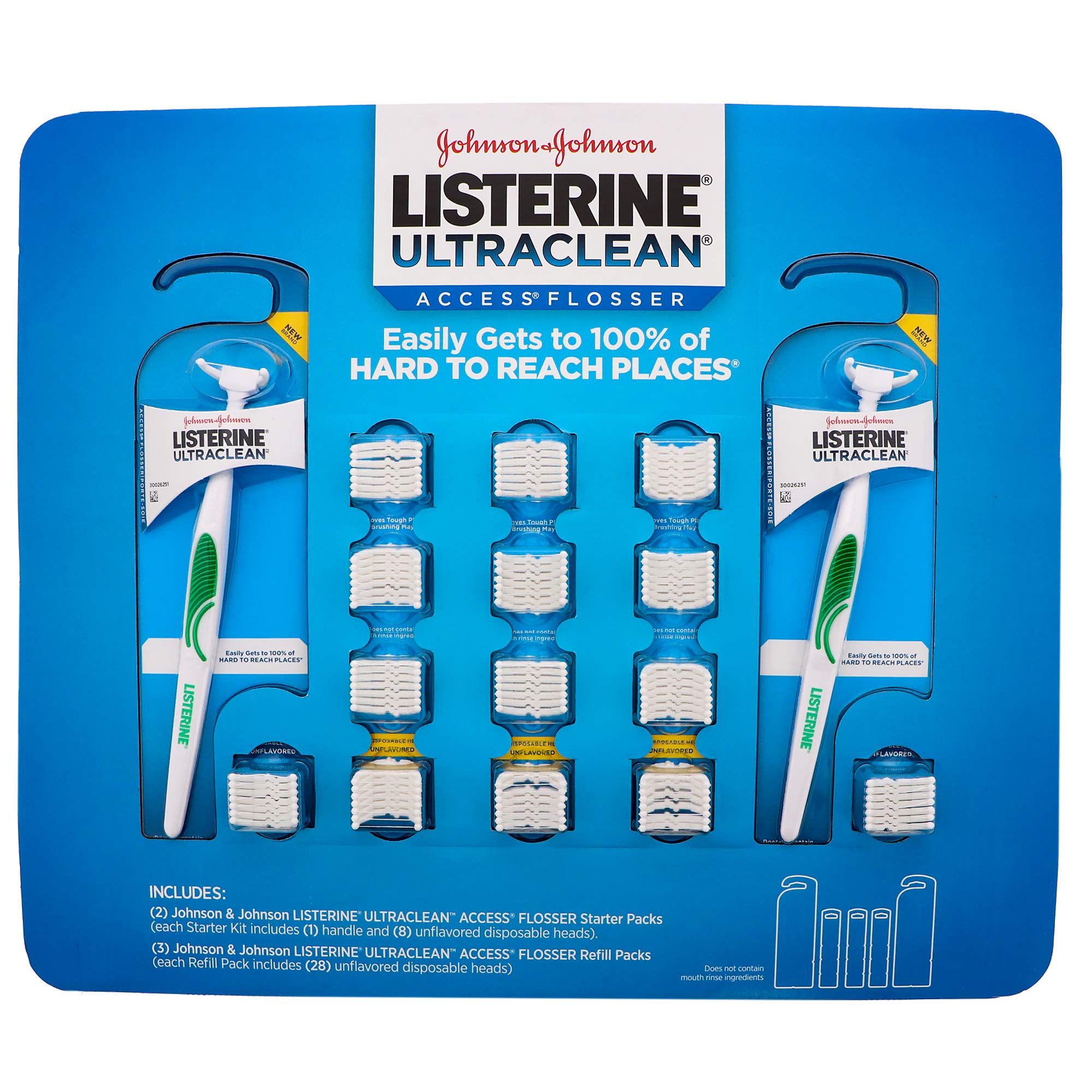 Listerine Ultra-Clean Access Flosser with Two Handles and 100 Disposable Snap Head, Clean Hard to reach Places