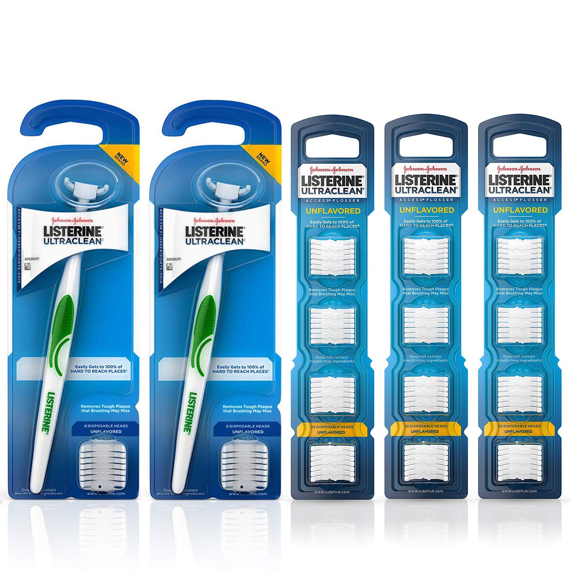 Listerine Ultra-Clean Access Flosser with Two Handles and 100 Disposable Snap Head, Clean Hard to reach Places