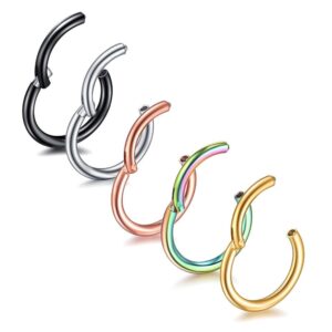 changgaijewelry 5pcs surgical stainless steel gold 16g sleeper cartilage tiny hoop earrings septum hinged clicker nose ring helix tragus piercings 8mm black set