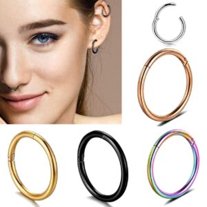 Changgaijewelry 5Pcs Surgical Stainless Steel Gold 16G Sleeper Cartilage Tiny Hoop Earrings Septum Hinged Clicker Nose Ring Helix Tragus Piercings 8mm Black Set