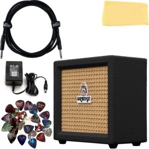 orange crush mini guitar combo amplifier - black bundle with power supply, instrument cable, picks, and austin bazaar polishing cloth